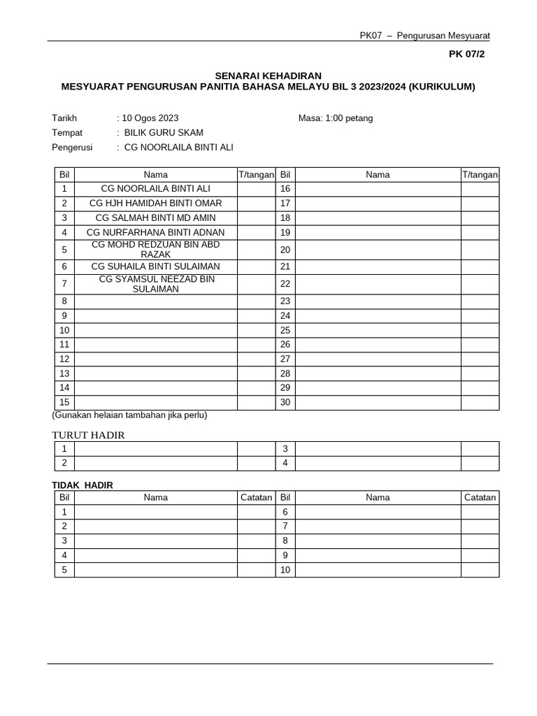 Borang PK 07 2 SENARAI KEHADIRAN PSO | PDF