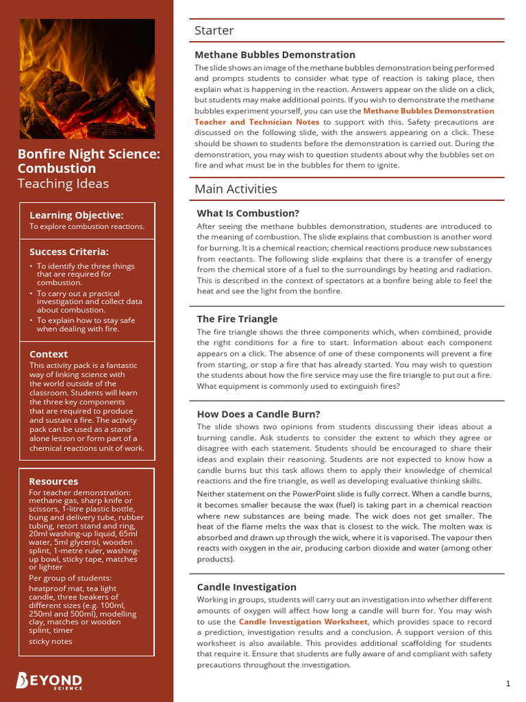 Bonfire Night Science Combustion Teaching Ideas | PDF