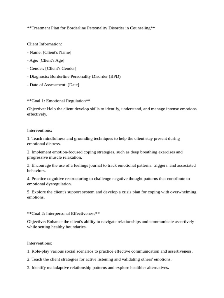 Treatment Plan For Borderline Personality Disorder in Counseling | PDF