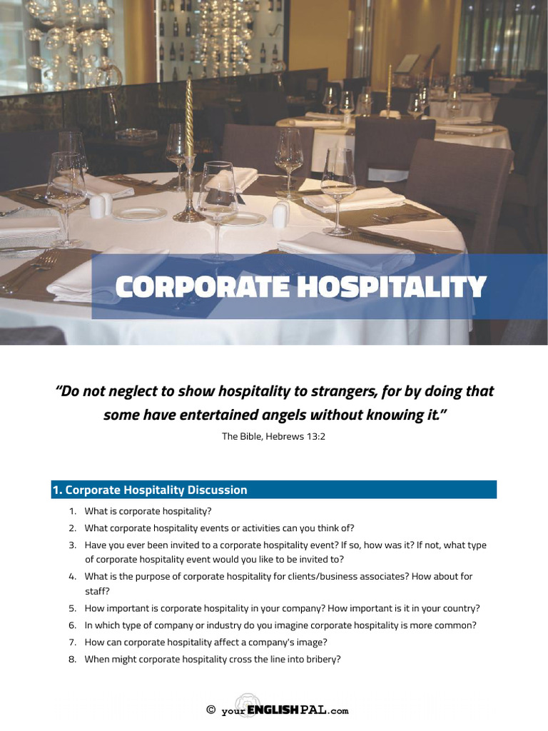 Your English Pal Business English Lesson Plan Corporate Hospitality ...