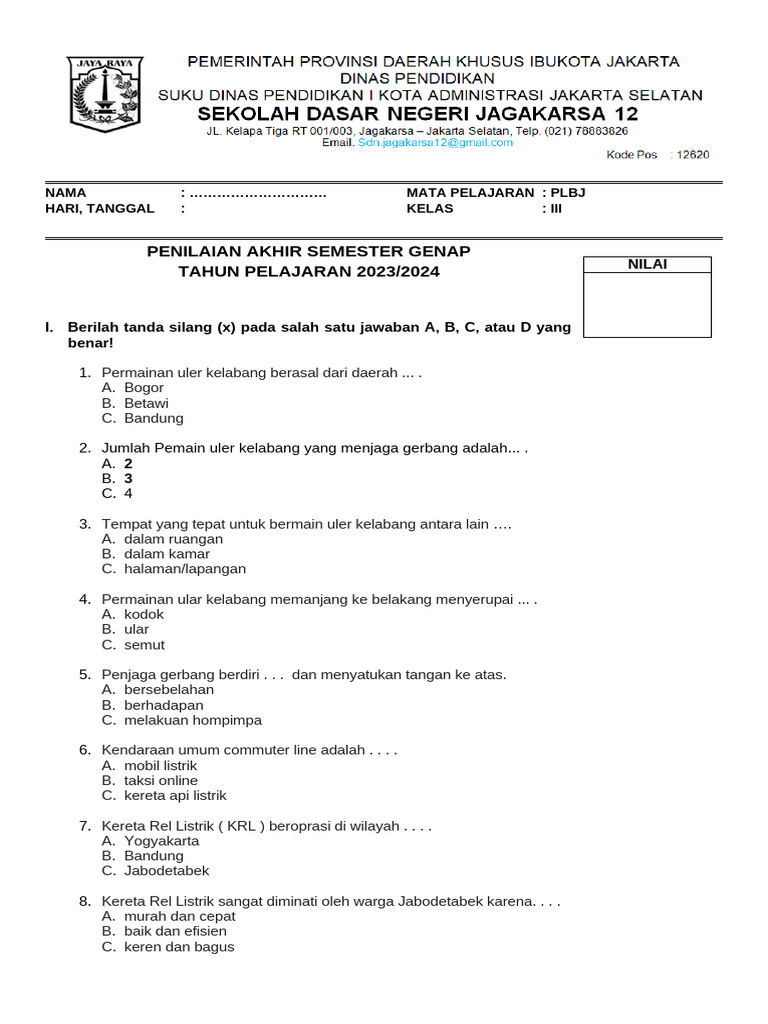 Soal PLBJ KLS 3 | PDF