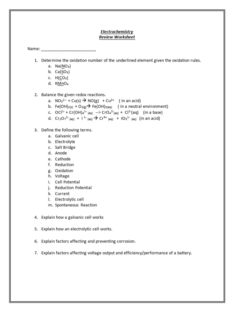 Electrochemistry Review Worksheet | PDF