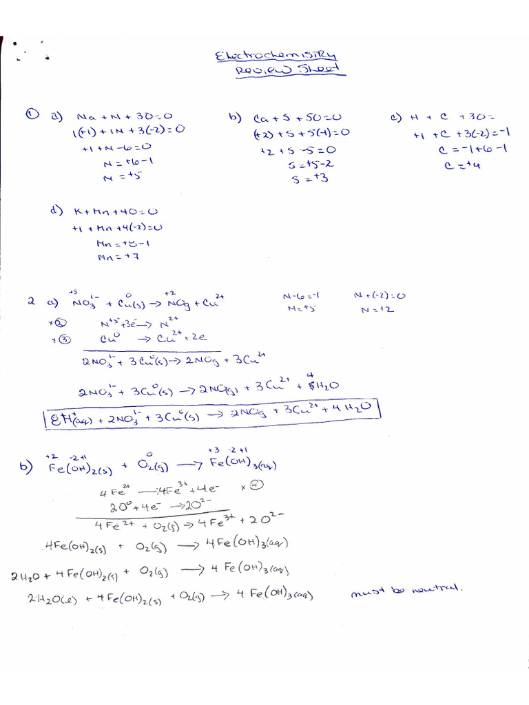 Electrochemistry Review Sheet - Answers | PDF