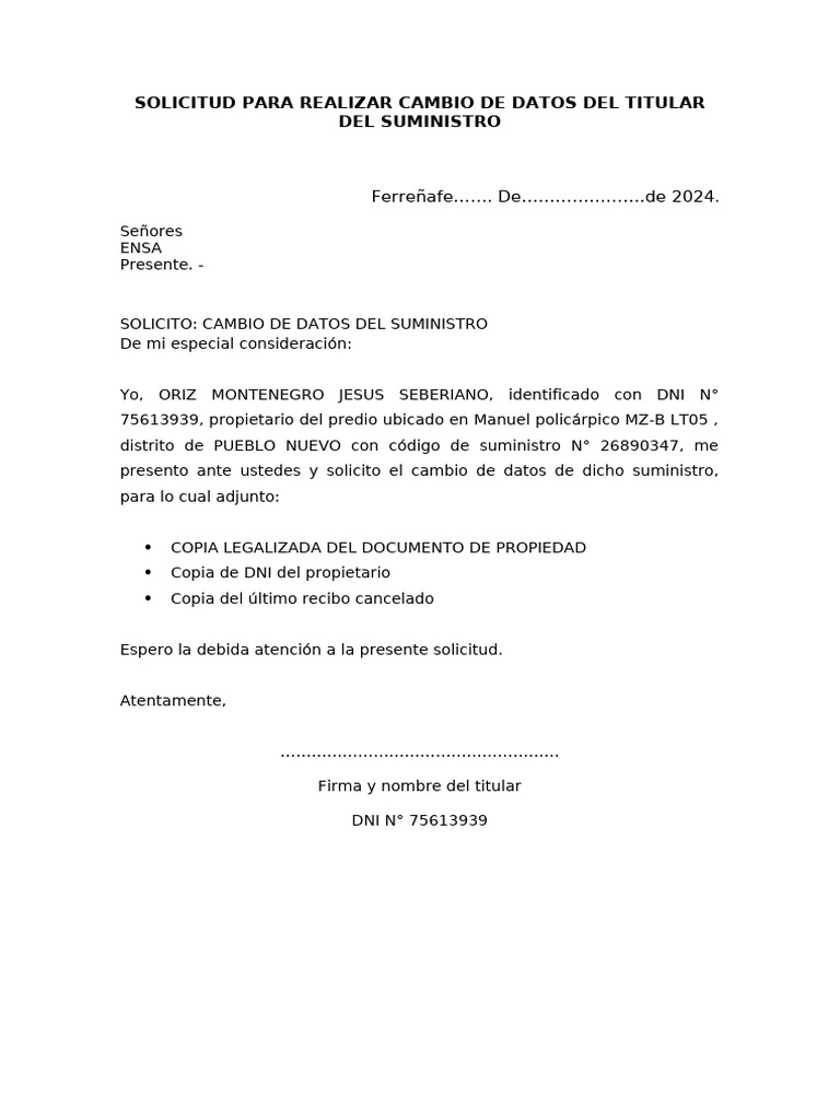 Modelo de Solicitud para Realizar Cambio de Datos Del Titular Del Suministro | PDF
