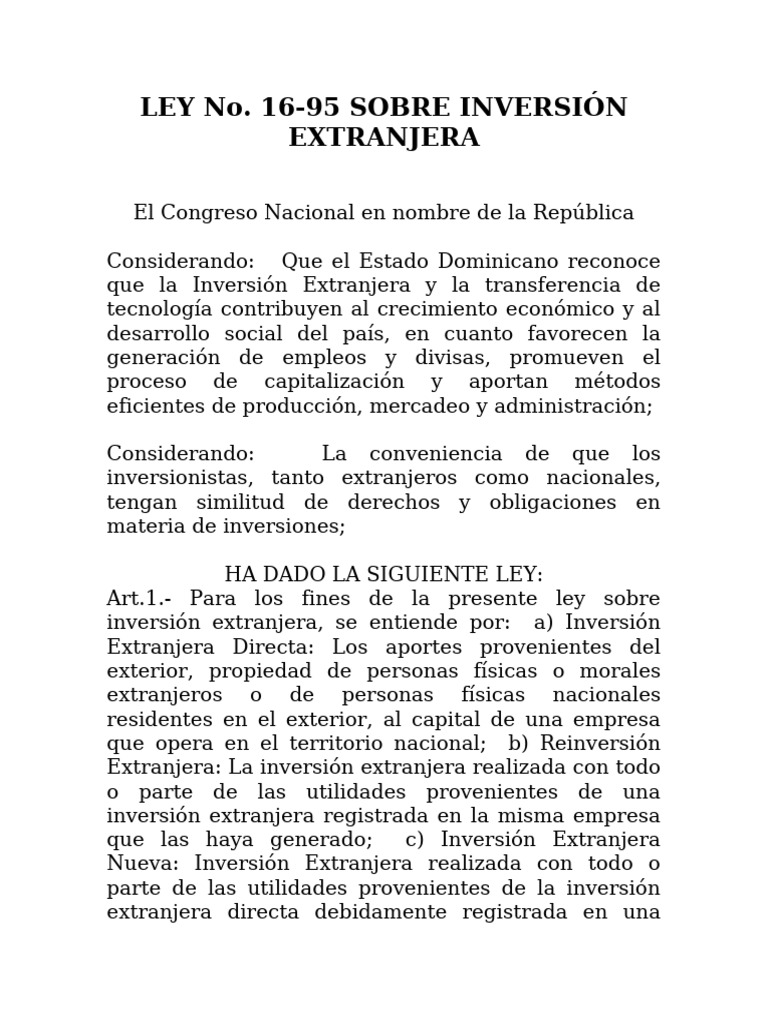 LEY No. 16-95 SOBRE INVERSIÓN EXTRANJERA | PDF