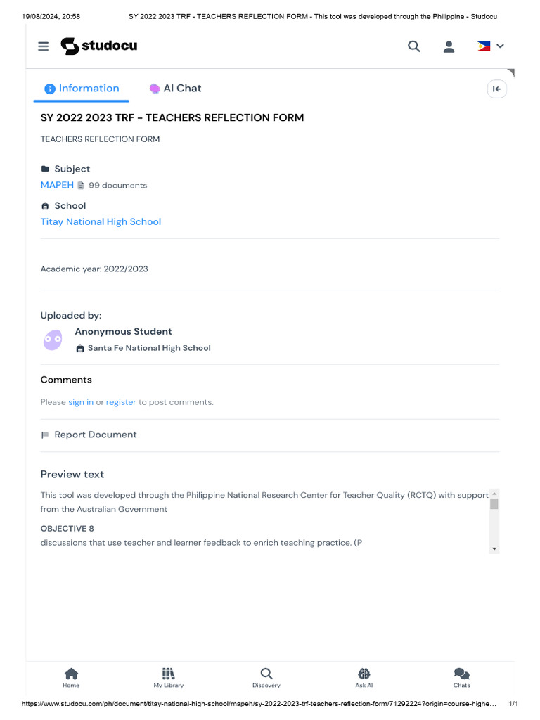 SY 2022 2023 TRF - TEACHERS REFLECTION FORM - This Tool Was Developed ...