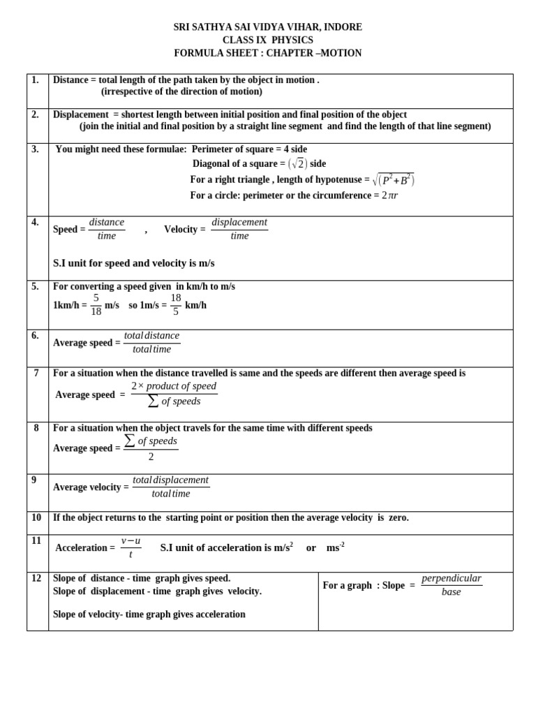 Formula Sheet Motion Pdf