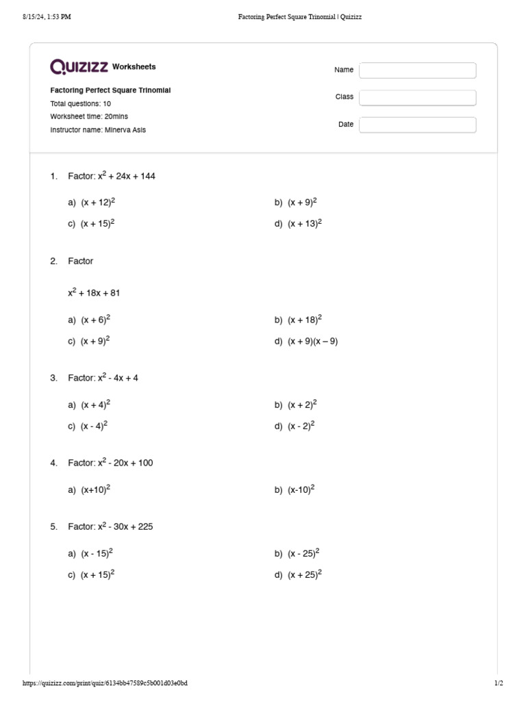 Perfect Square Trinomial 1q | PDF