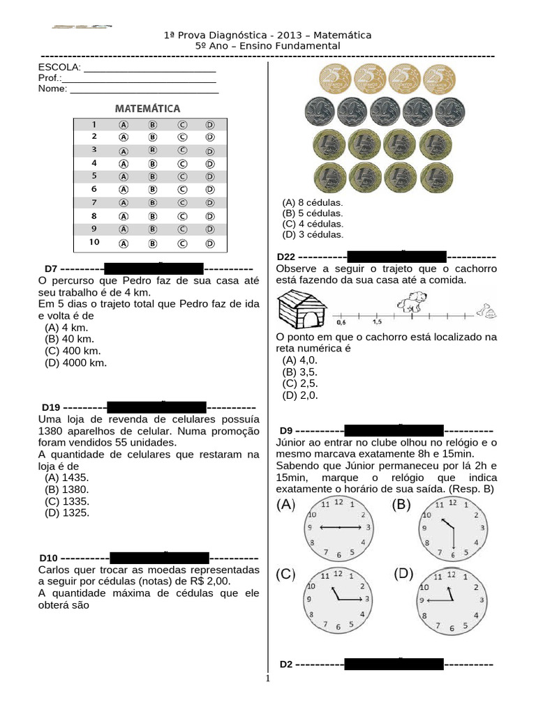 1 P.D - 2013 (Mat. 5º Ano) - Blog Do Prof. Warles | PDF