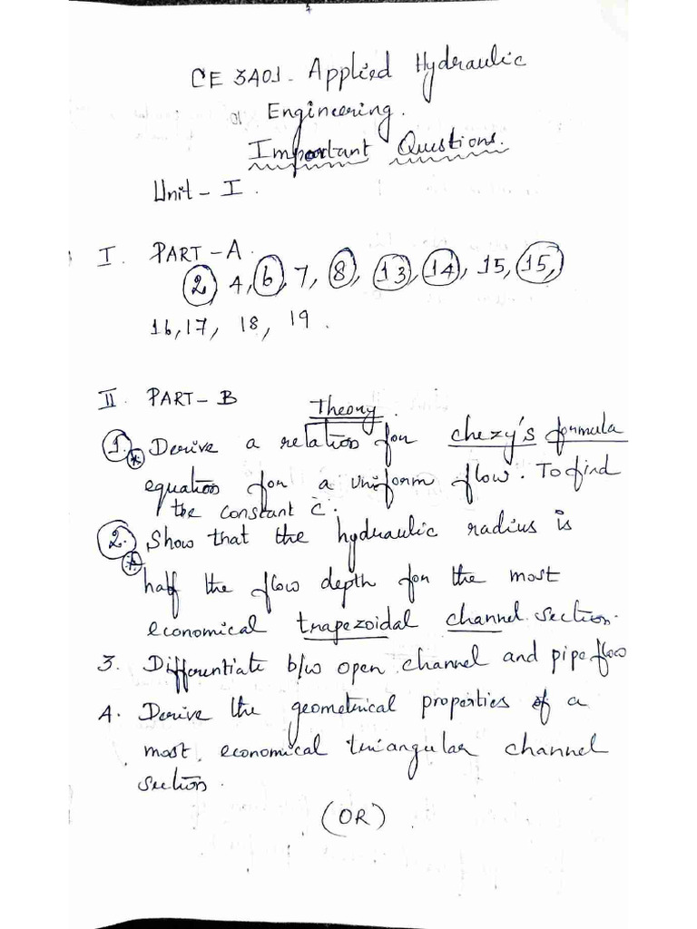 Ce3401 Applied Hydraulic Engineering Important Question | PDF