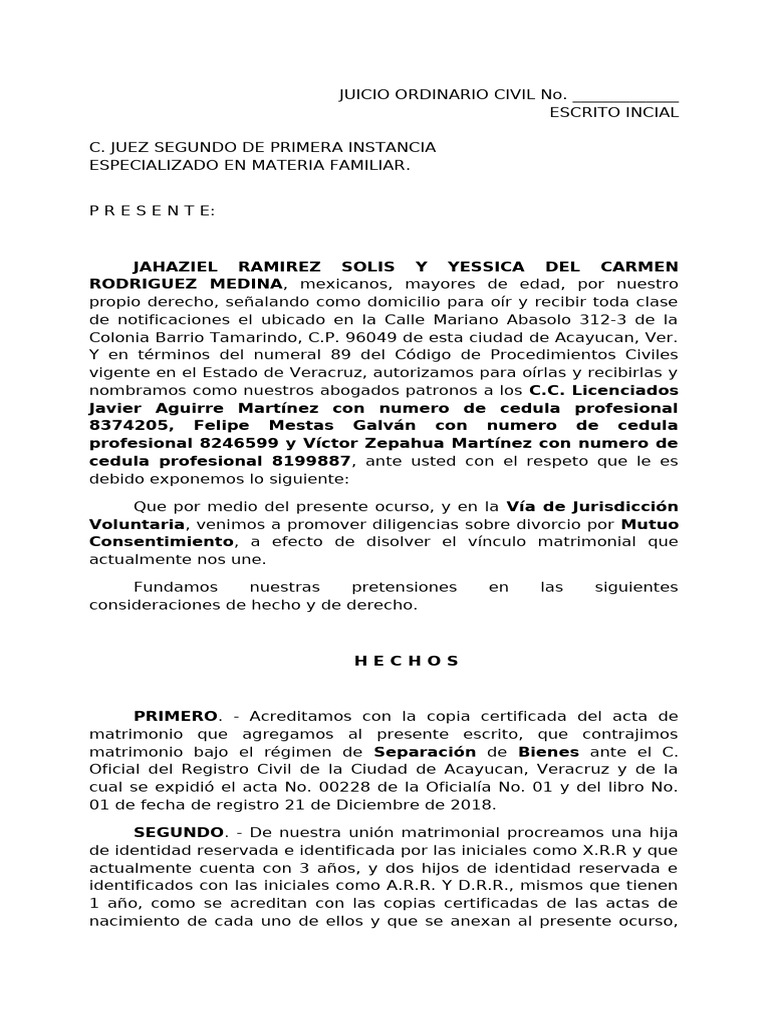 Escrito Inicial de Demanda y Convenio Divorcio Incausado Inicial | PDF | Divorcio | Derecho