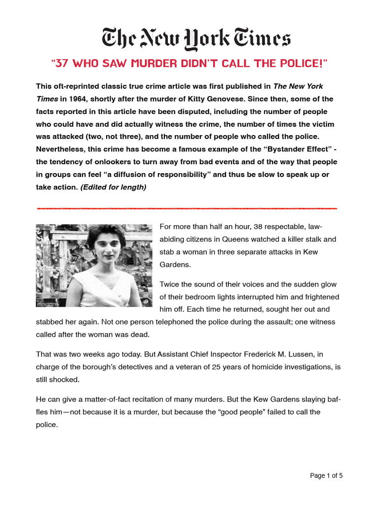 Apathy in Kitty Genovese's Murder | PDF | Crimes | History