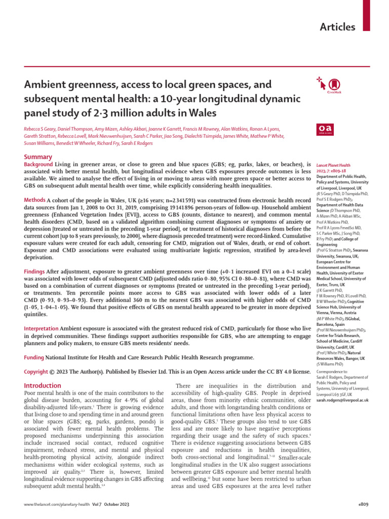 Ambient Greenness, Access To Local Green Spaces, A | PDF