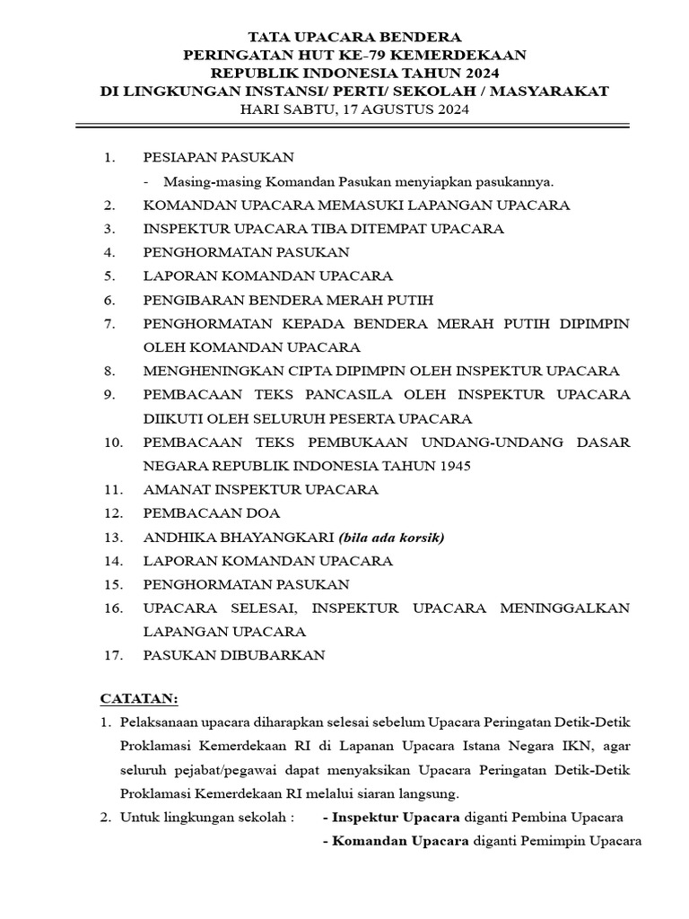 Salinan PEDOMAN UPACARA BENDERA HUT 79 RI 2024 | PDF
