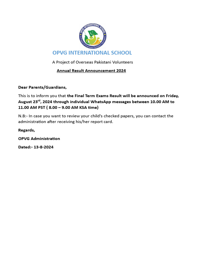 Annual Exam Result Announcement Notice | PDF