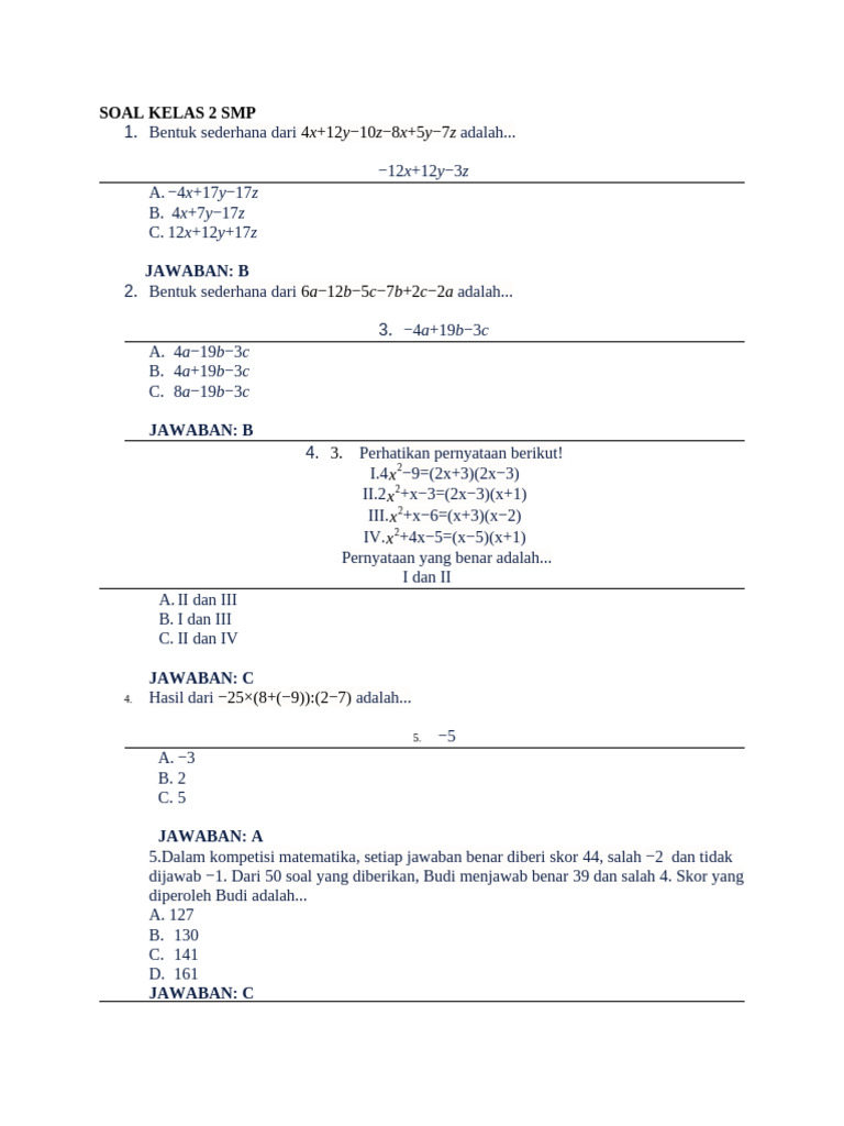 Soal MTK Kelas 2 SMP | PDF