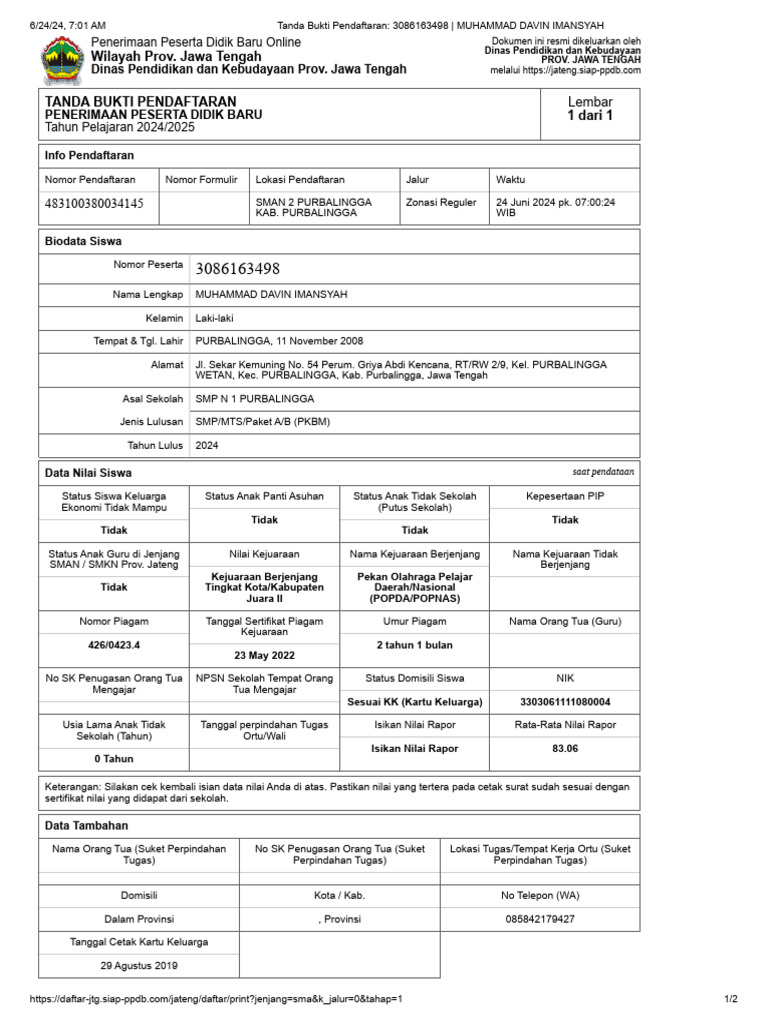 Tanda Bukti Pendaftaran - 3086163498 - MUHAMMAD DAVIN IMANSYAH | PDF