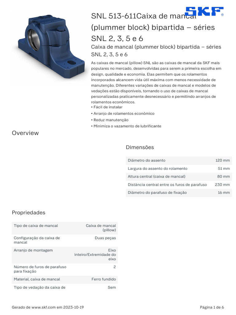 SKF SNL 513-611caixa de Mancal (Plummer Block) Bipartida - Séries SNL 2 ...