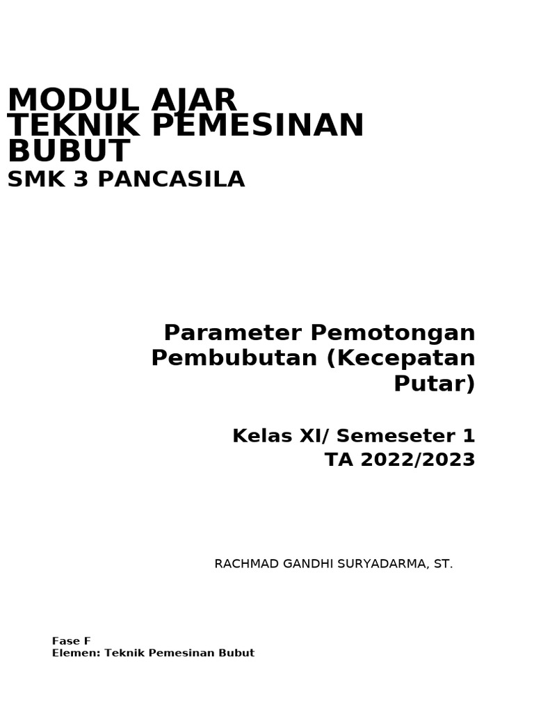 Modul Ajar Teknik Pemesinan Bubut: SMK 3 Pancasila | PDF