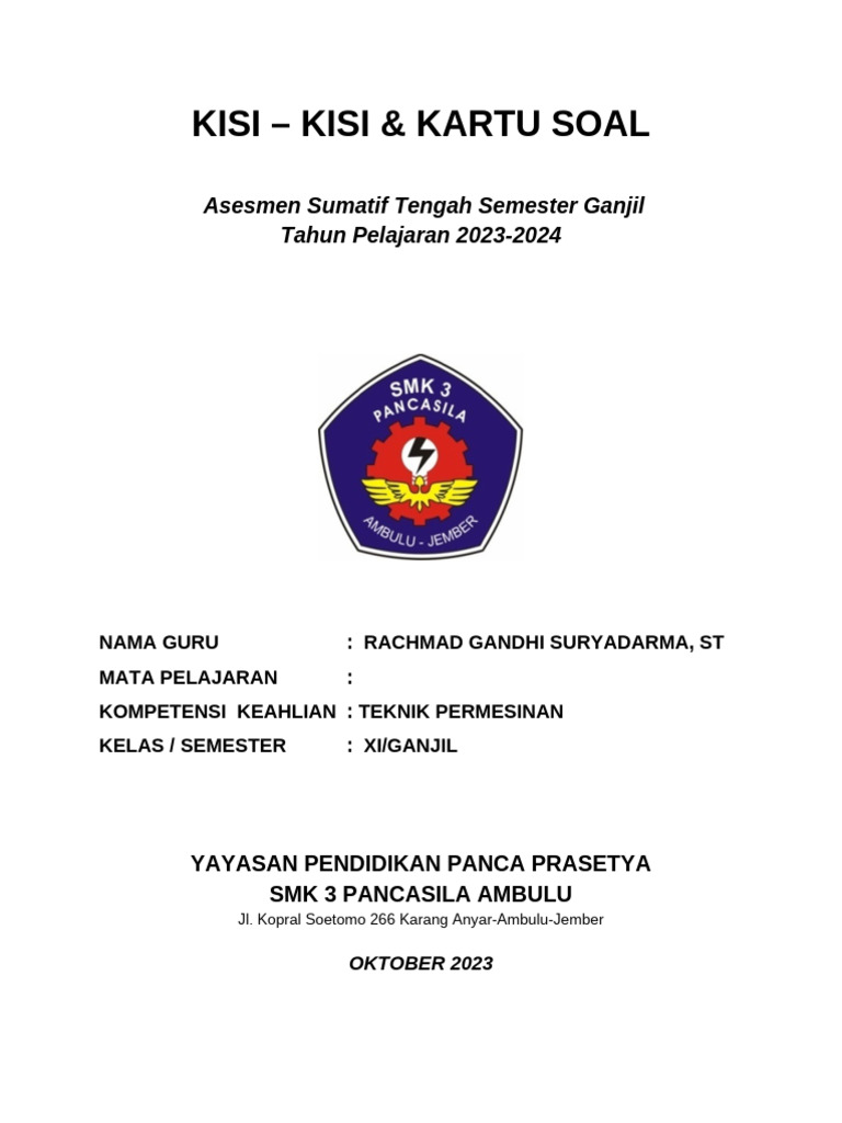 Kelas Xi - Kisi-Kisi Dan Kartu Soal Mapel.... PTS Ganjil 2023-2024 | PDF