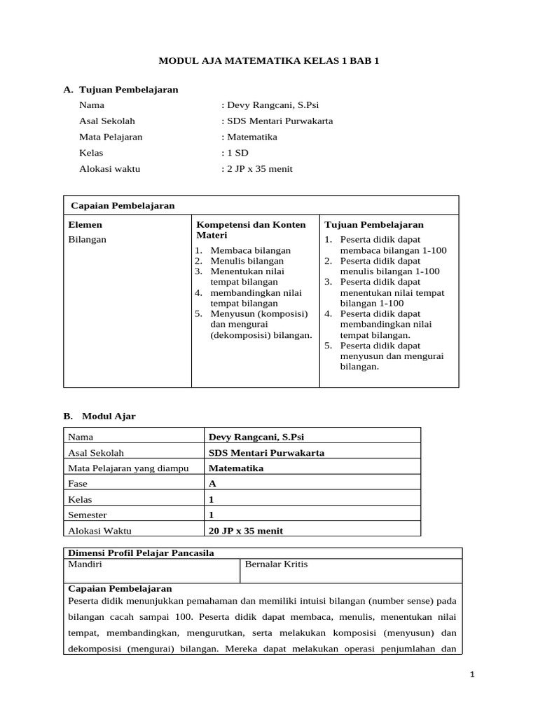 Modul Ajar Matematika Kelas 1 Bab 1 | PDF