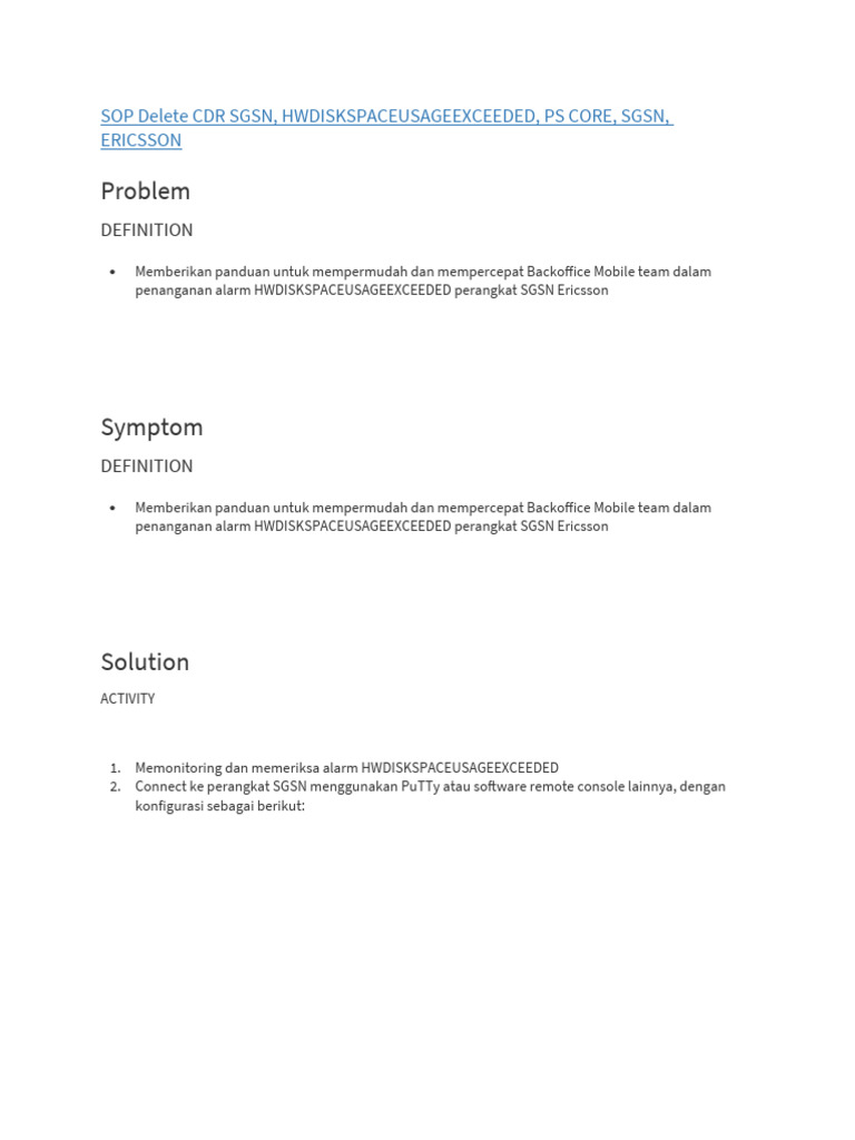 CORE - SOP Delete CDR SGSN, HWDISKSPACEUSAGEEXCEEDED, PS CORE, SGSN, ERICSSON | PDF