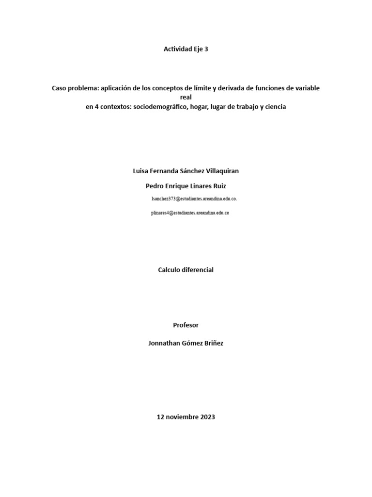 Taller Eje 3 Calculo Diferencial 13-11-2023 | PDF