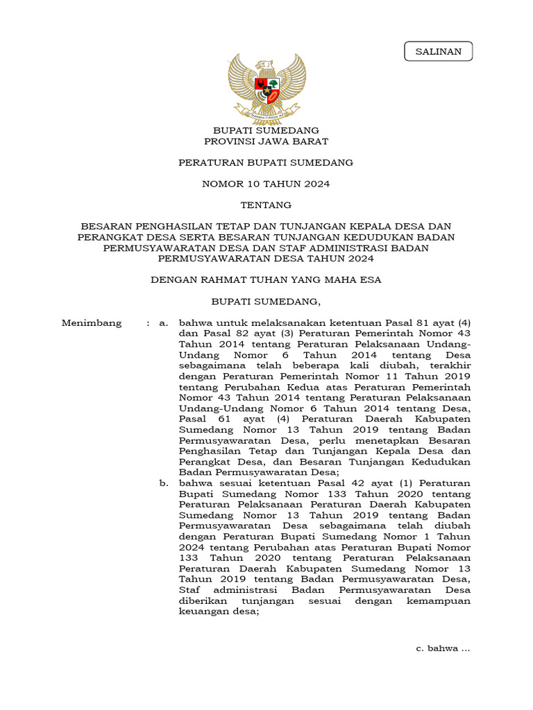 Perbup 10 Tahun 2024 Tentang Besaran Siltap Dan Tunjangan BPD | PDF