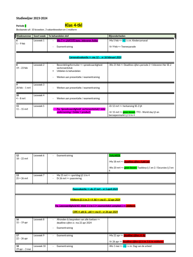 Leerjaar 4-tkl - Studiewijzer 2023-2024 - Periode 3 | PDF
