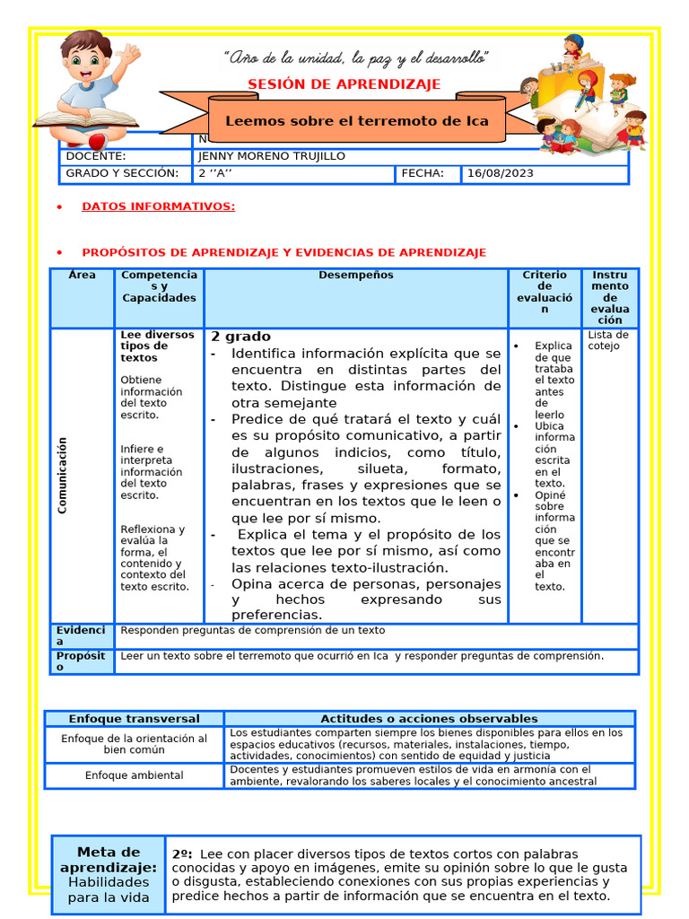2º E7 s2 Sesión d4 Plan Lector Terromoto en Ica | PDF