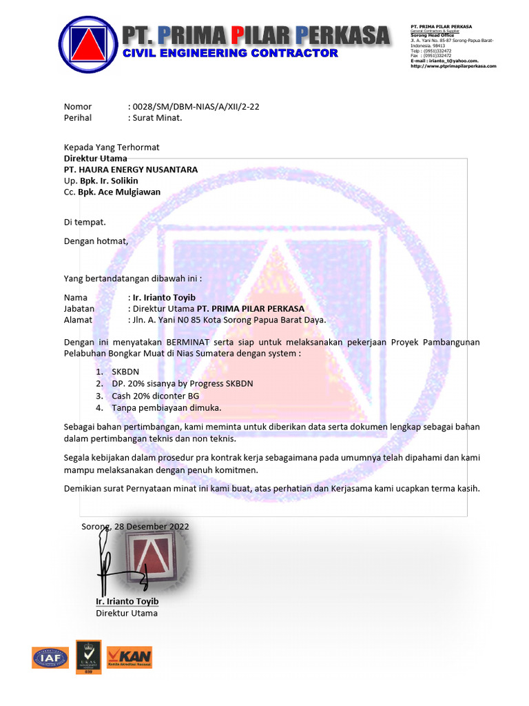 SURAT MINAT DERMAGA BONGKAR MUAT NIAS A1 | PDF