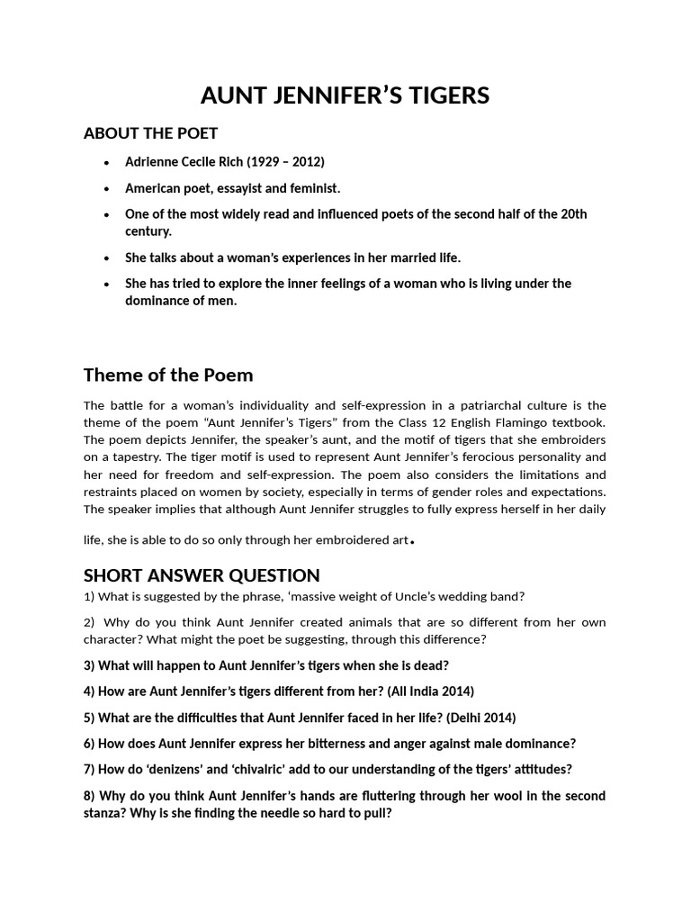 Aunt Jennifers Tiger | PDF