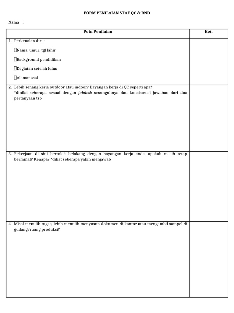 FORM PENILAIAN STAF QC | PDF