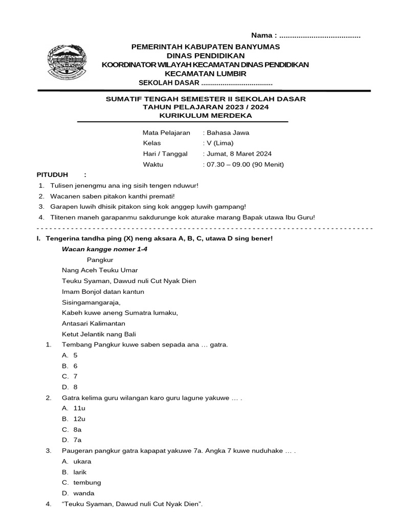 Soal STS 2 Bahasa Jawa Kelas V 2023-2024 | PDF
