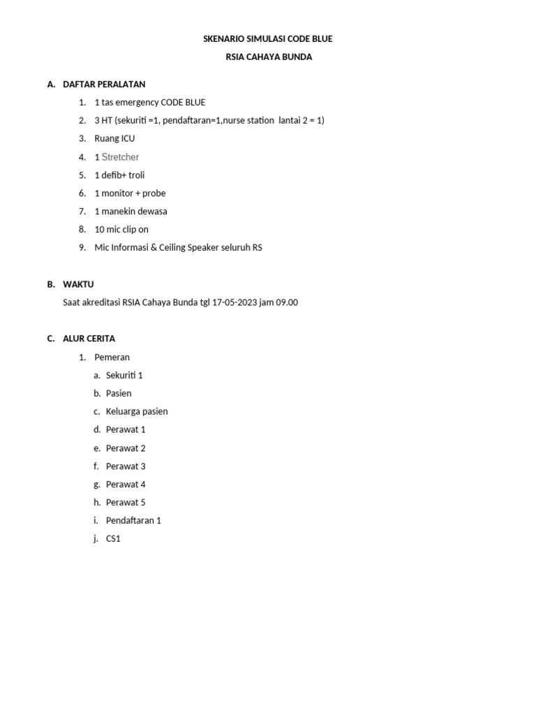Skenario Simulasi Code Blue Rsia Cahaya Bunda | PDF