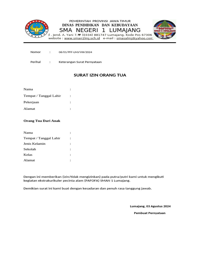 Surat Persetujuan Orang Tua (Pafofa) | PDF