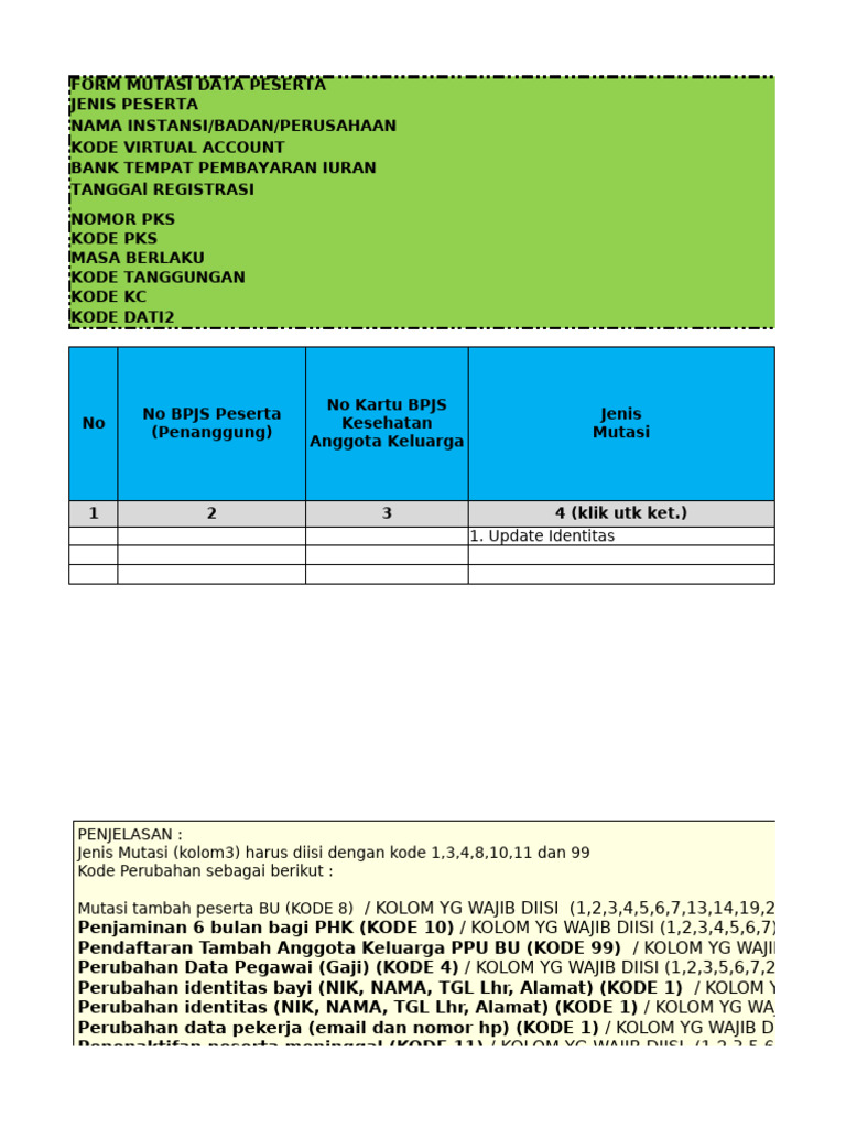 Formulir Mutasi 24 Kolom BPJS KESEHATAN SELARAS | PDF