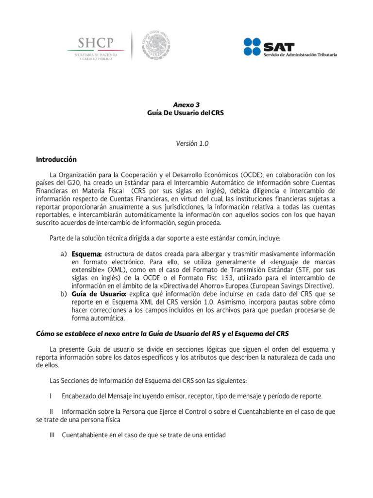 Guía de Usuario CRS: Esquema XML 1.0 | PDF | Finanzas y dinero