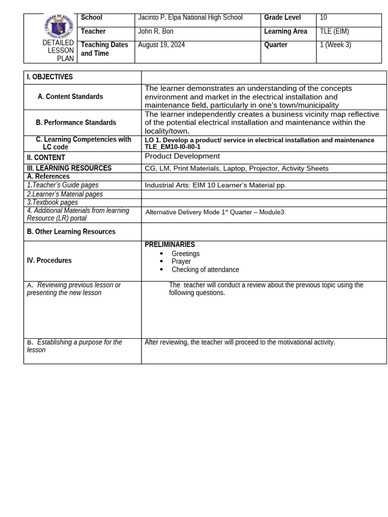 Tle Eim 10-Q1W3 Lesson Plan | PDF