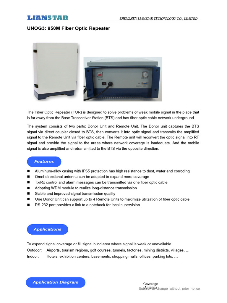 850M_Fiber_Optic_Repeater_Datasheet(Wireless Access) | PDF