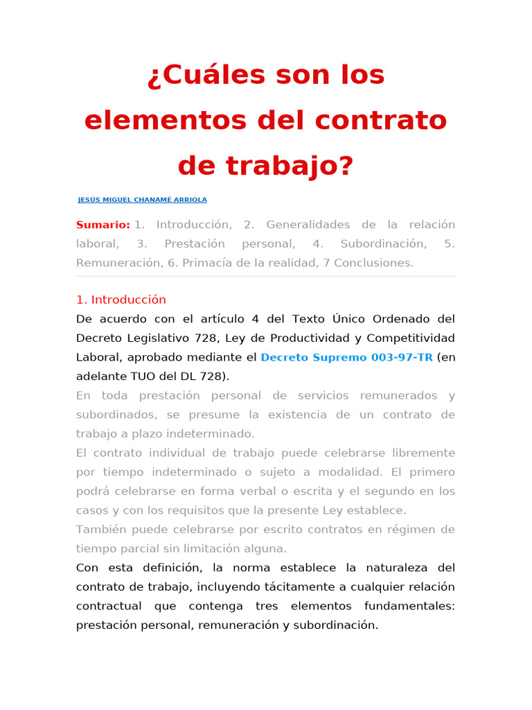 Cuáles Son Los Elementos Del Contrato de Trabajo | PDF