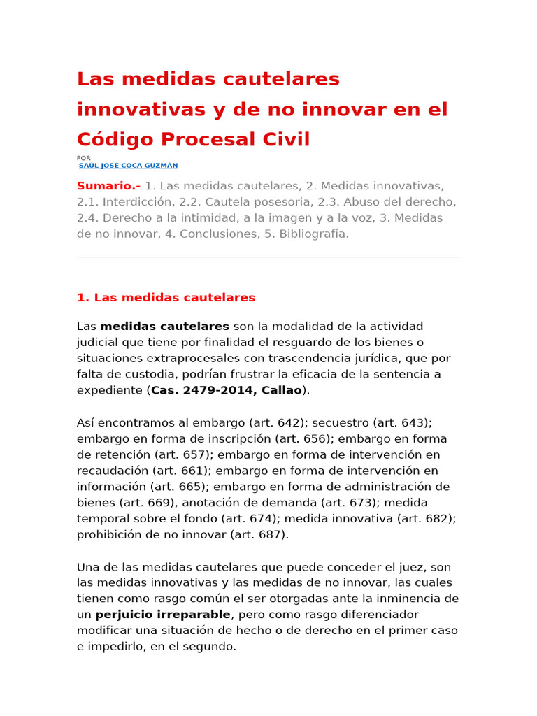 Las Medidas Cautelares Innovativas y de No Innovar en El Código ...