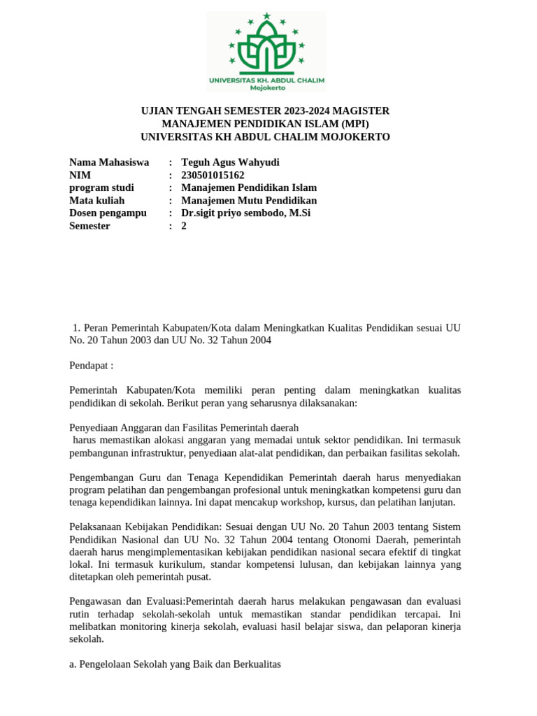 Manajemen Mutu Pendidikan S2 | PDF