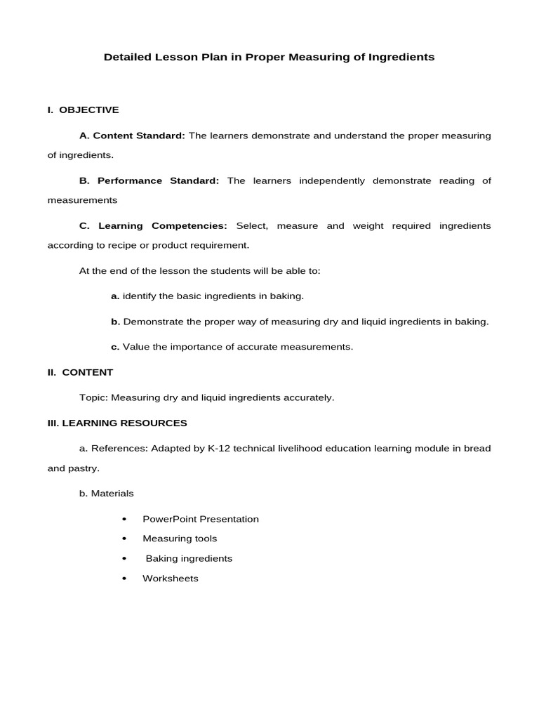 Detailed Lesson Plan in Proper Measuring of Ingredients | PDF | Lord's ...
