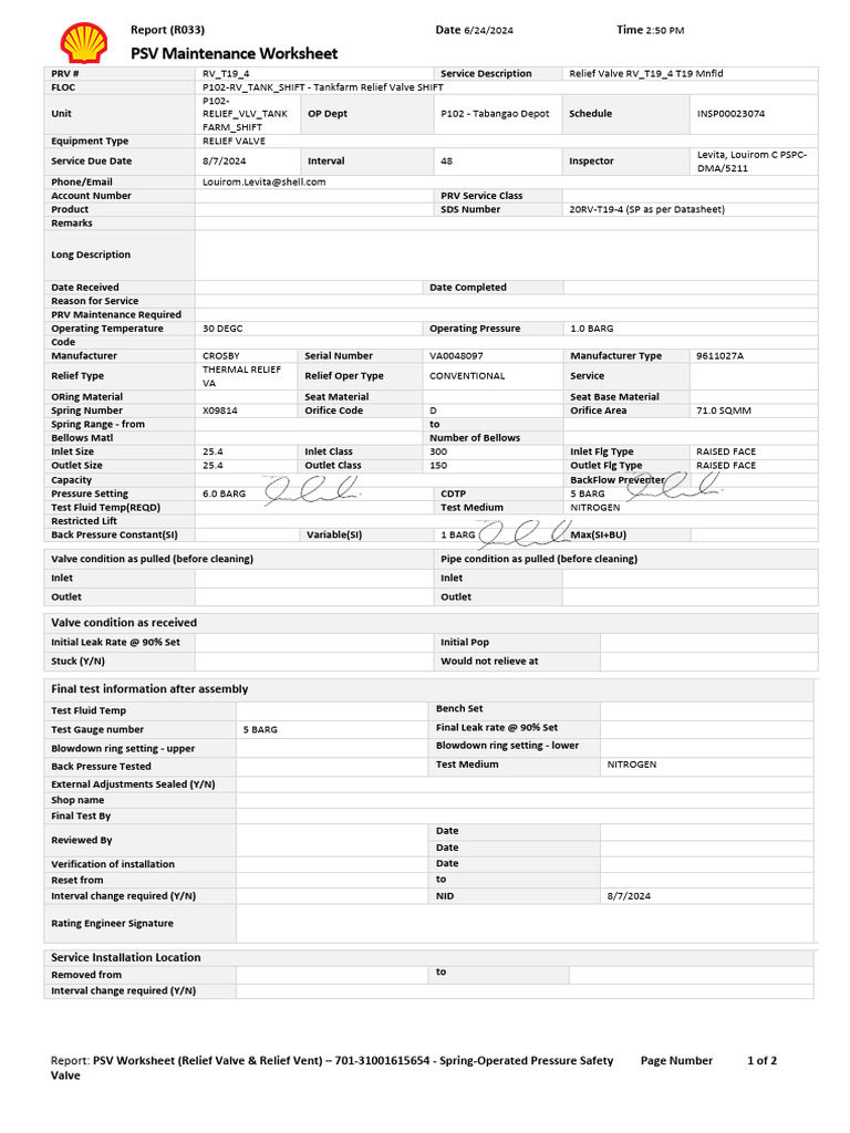PSV Worksheet (Relief Valve & Relief Vent) (Report (R033) ) - RV - T19 ...