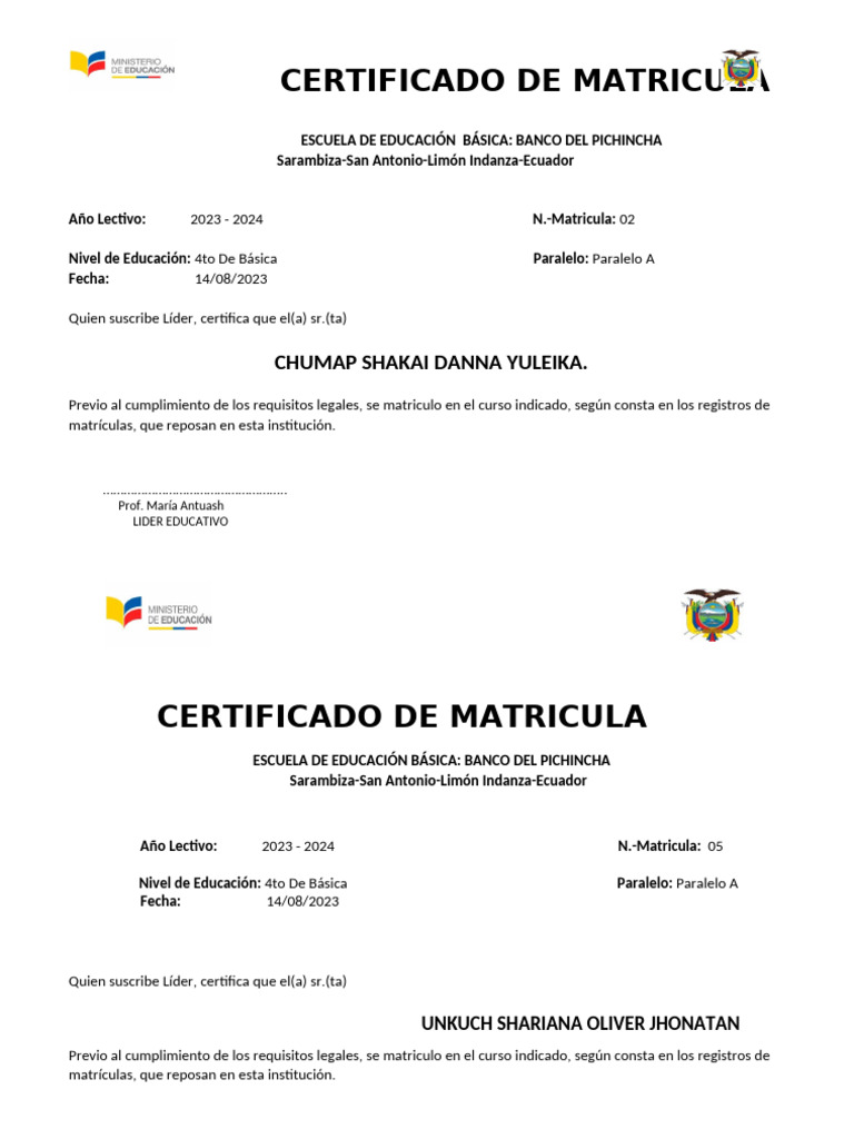 CERTIFICADO_DE_MATRICULA-_4TO[2] | PDF