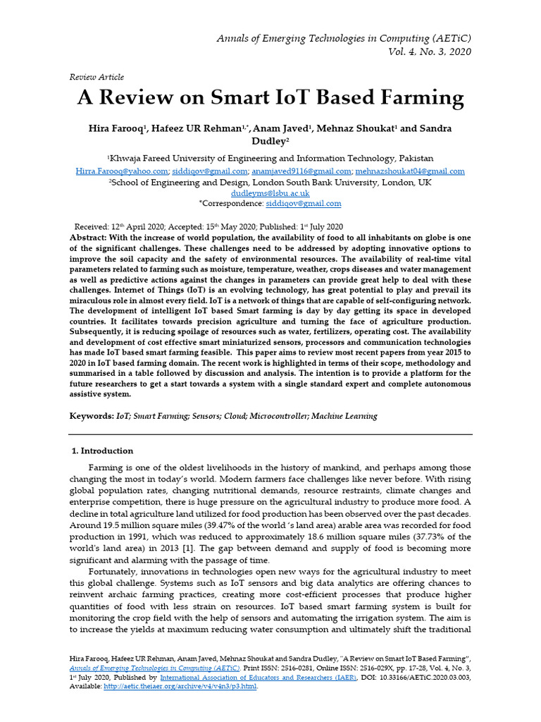 A Review On Smart IoT Based Farming | PDF | Internet Of Things ...