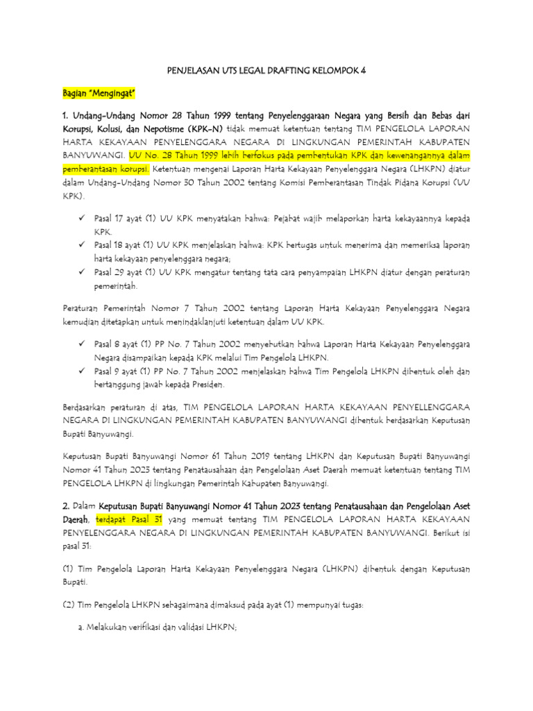 Penjelasan Uts Legal Drafting Kelompok 4 | PDF