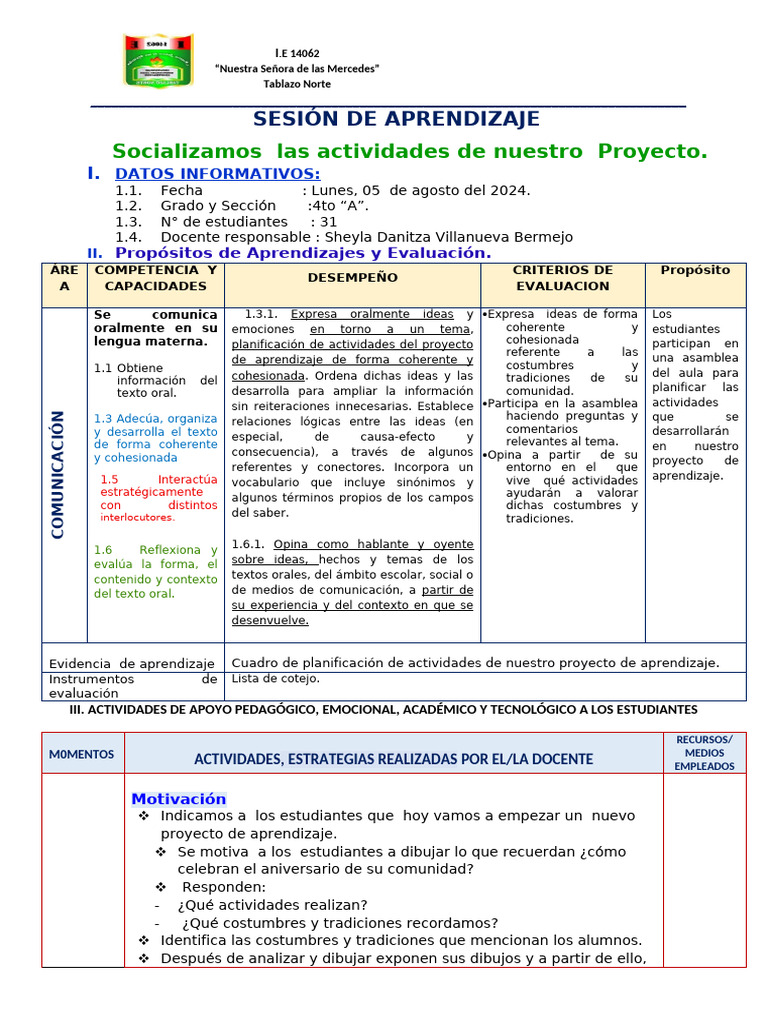 Socializamos El Proyecto De Aprendizaje Agosto Pdf
