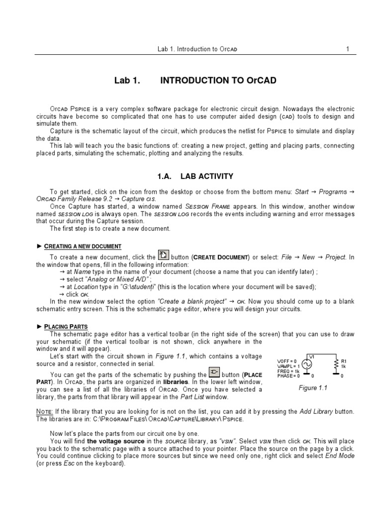 OrCAD PSPICE Lab 1: Beginner Guide | PDF | Electrical Engineering | Electronic Engineering